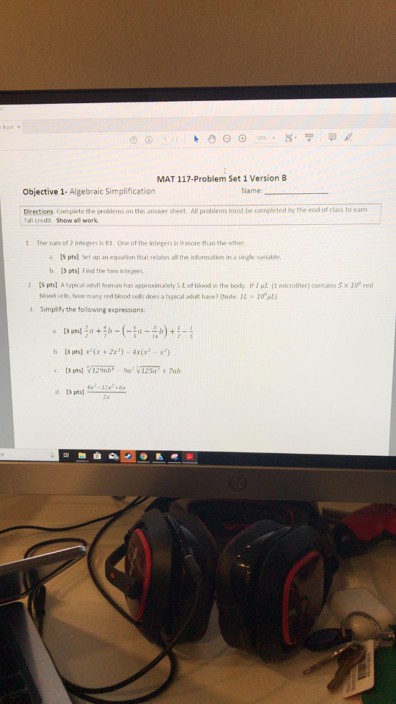 Solved B pdf MAT 117-Problem Set 1 Version B Objective 1- | Chegg.com