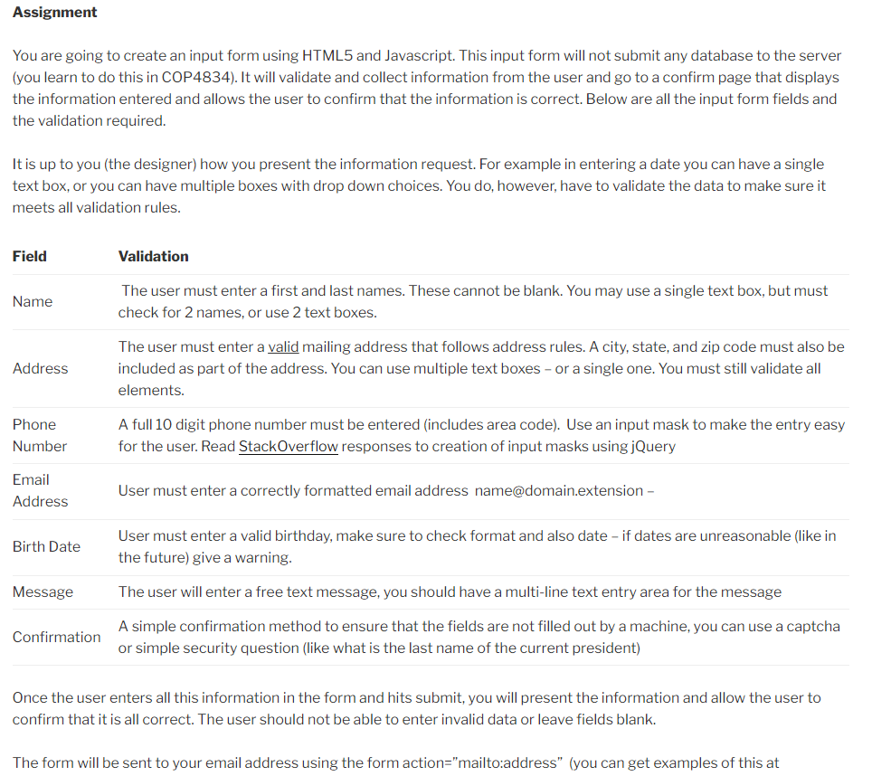 Solved Please include 'mailto:address' functionality. My | Chegg.com