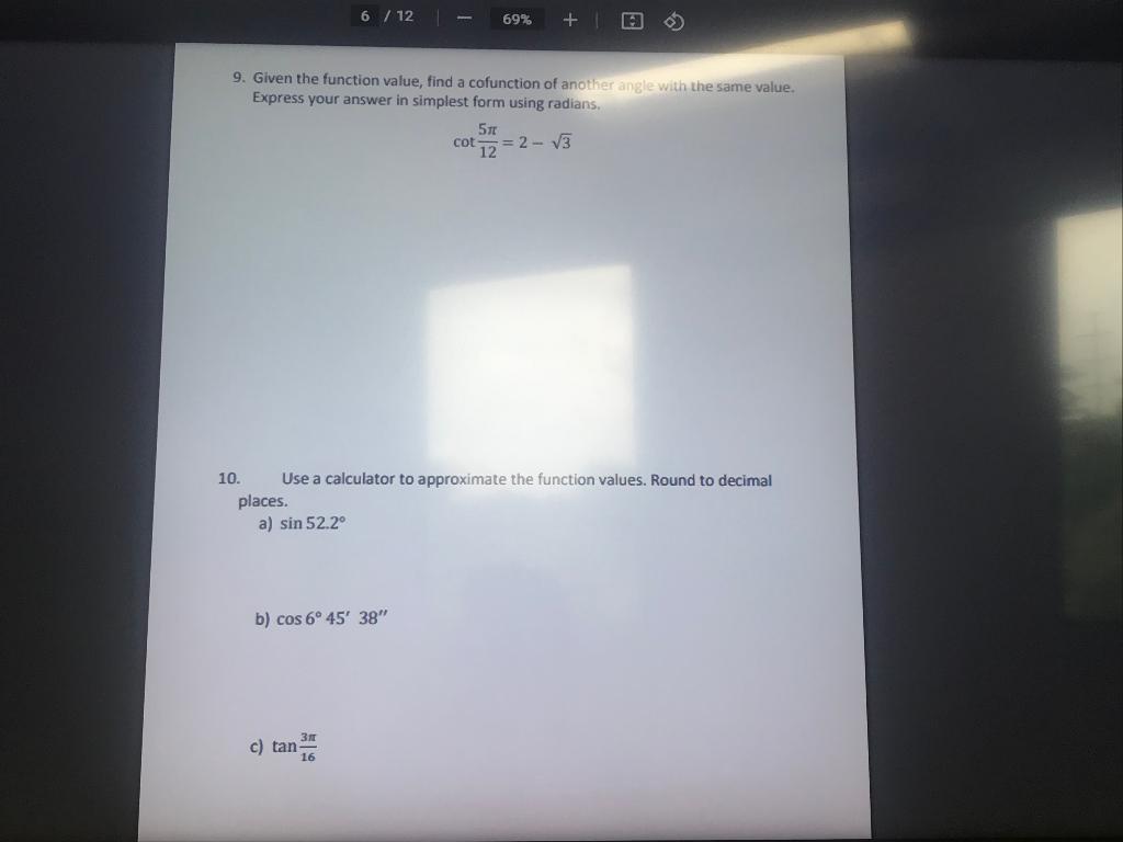 Solved 6 / 12 69% +1 13 9. Given the function value, find a | Chegg.com