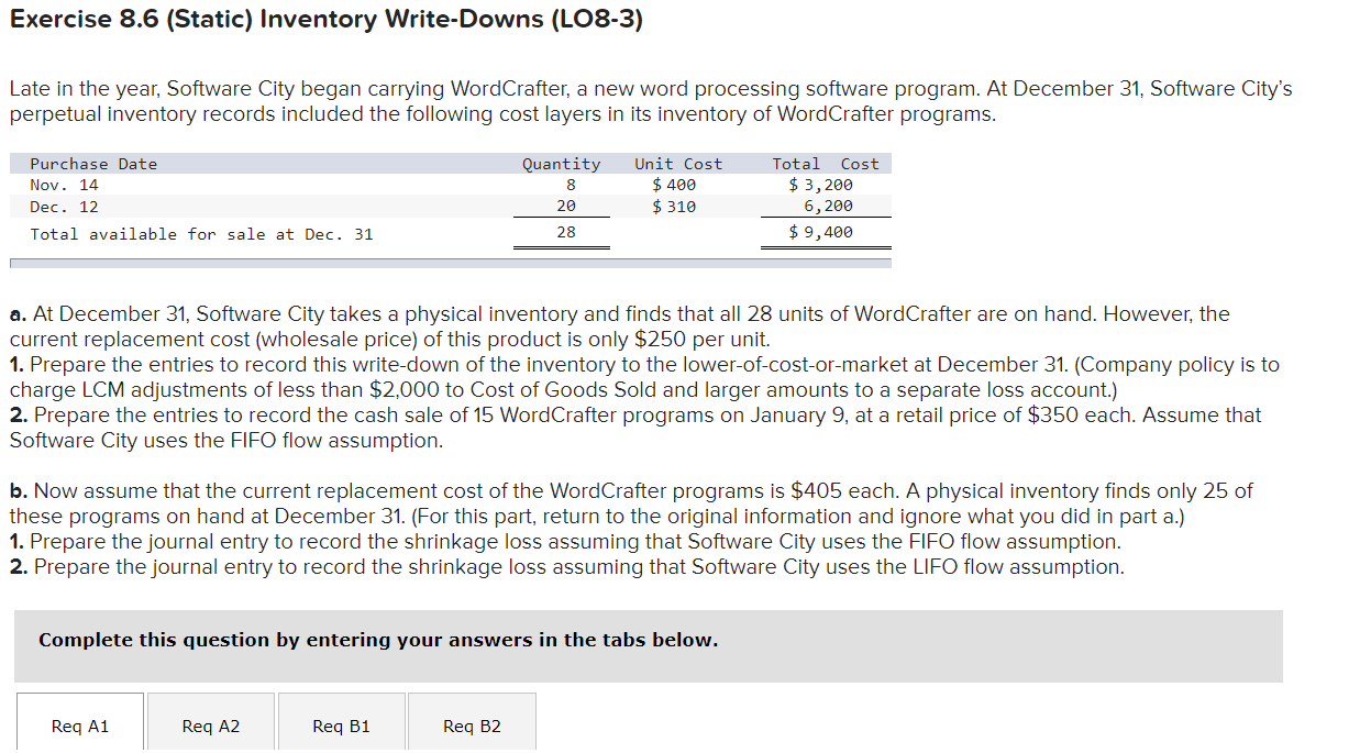 Solved Exercise 8.6 (Static) Inventory Write-Downs (LO8-3) | Chegg.com