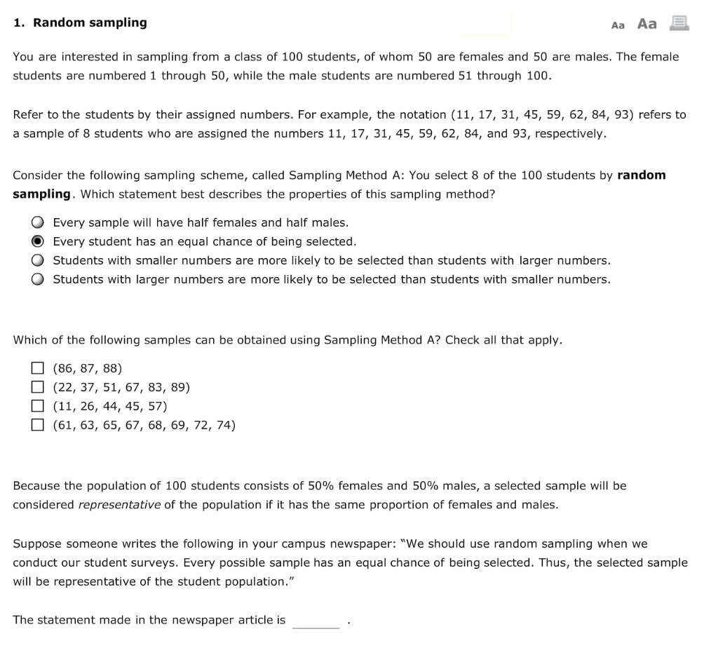 Solved 1. Random sampling Aa Aa E You are interested in | Chegg.com