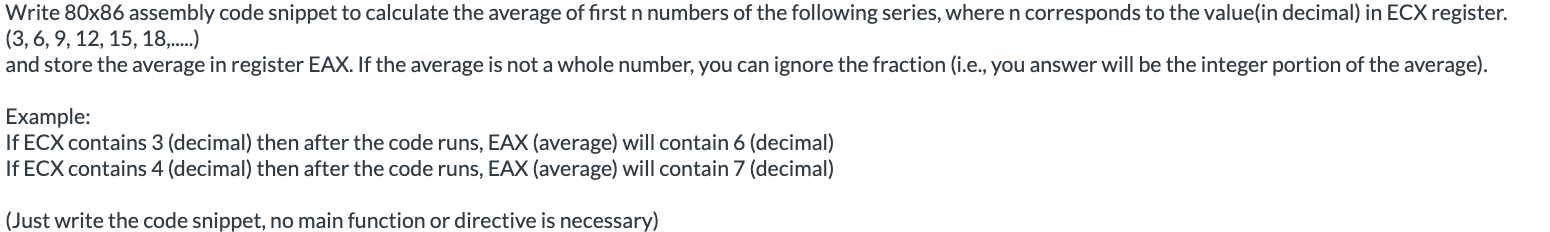 Solved Write 80×86 assembly code snippet to calculate the | Chegg.com Solved Write 80×86 assembly code snippet to calculate the | Chegg.com