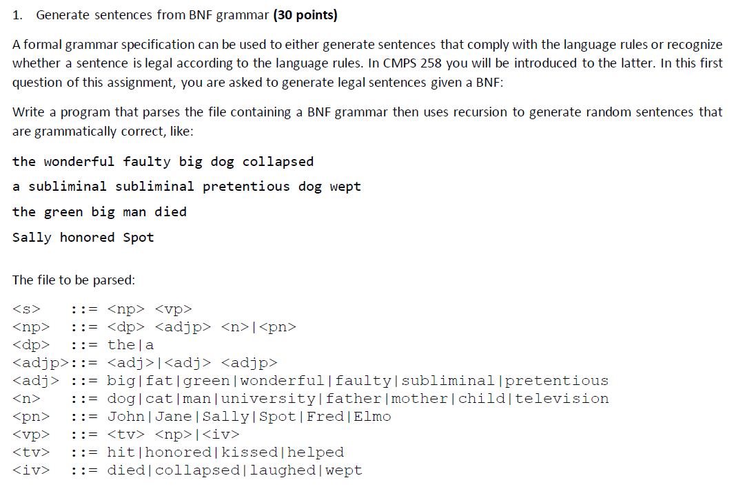 1. Generate sentences from BNF grammar (30 points) A | Chegg.com