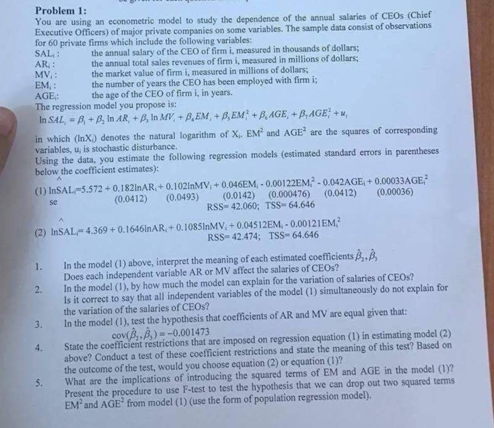 Problem 1: You are using an econometric model to | Chegg.com