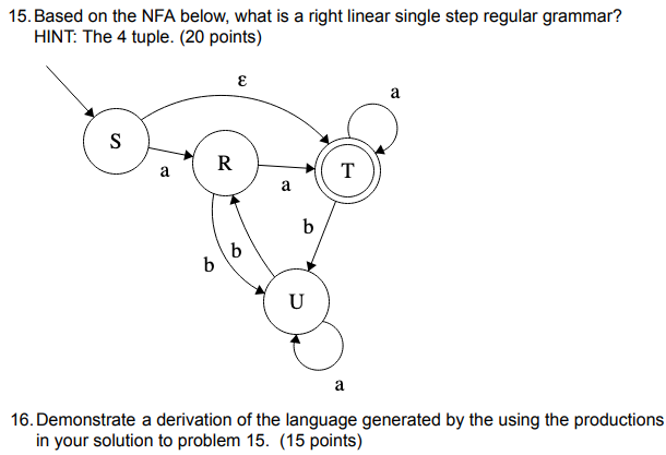 Solved 15. Based on the NFA below, what is a right linear | Chegg.com