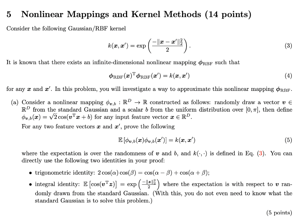 5 Nonlinear Mappings and Kernel Methods (14 points) | Chegg.com