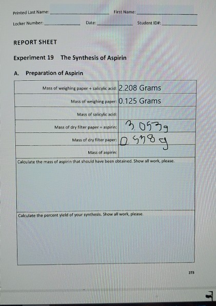 Solved Printed Last Name: Locker Number: Date: Student ID# | Chegg.com