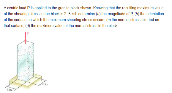 Solved A Centric Load P Is Applied To The Granite Block 