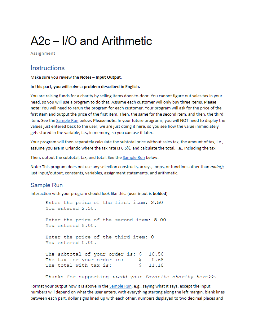Solved A2c – I/O and Arithmetic - Assignment Instructions | Chegg.com