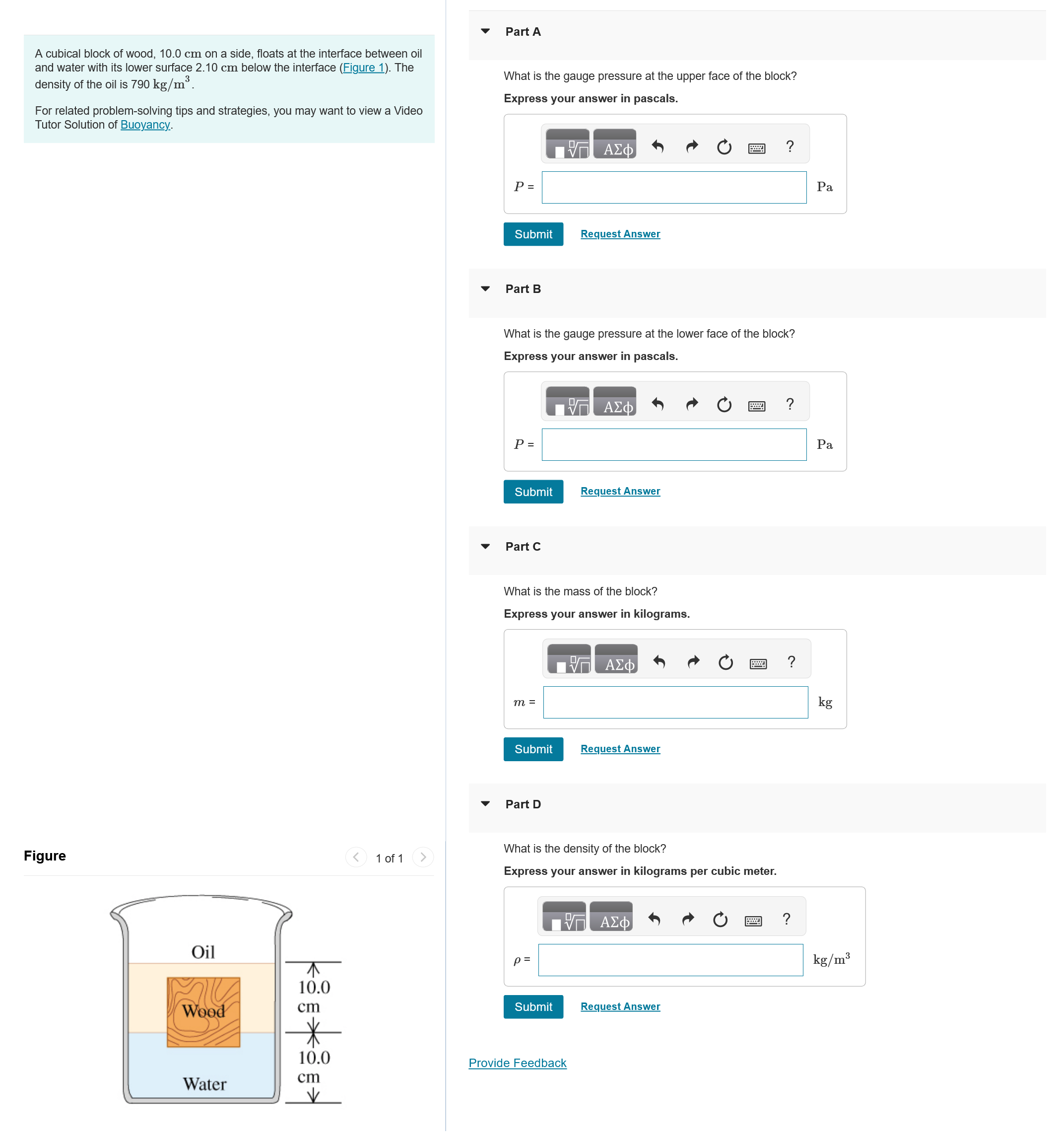 Solved A cubical block of wood, 10.0 ﻿cm on a side, floats | Chegg.com