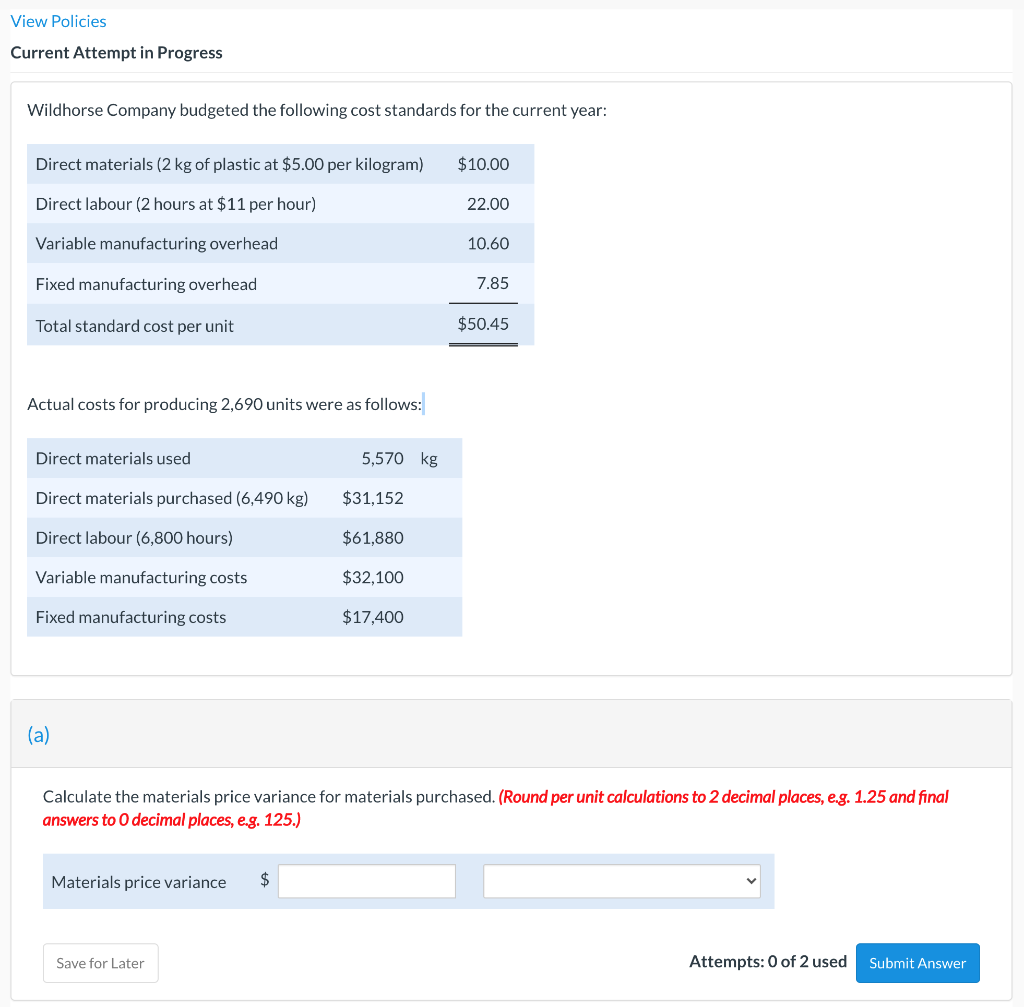 Solved View Policies Current Attempt in Progress Wildhorse | Chegg.com