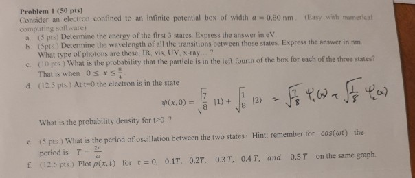 Solved Problem 1 (50 pts) Consider an electron confined to | Chegg.com