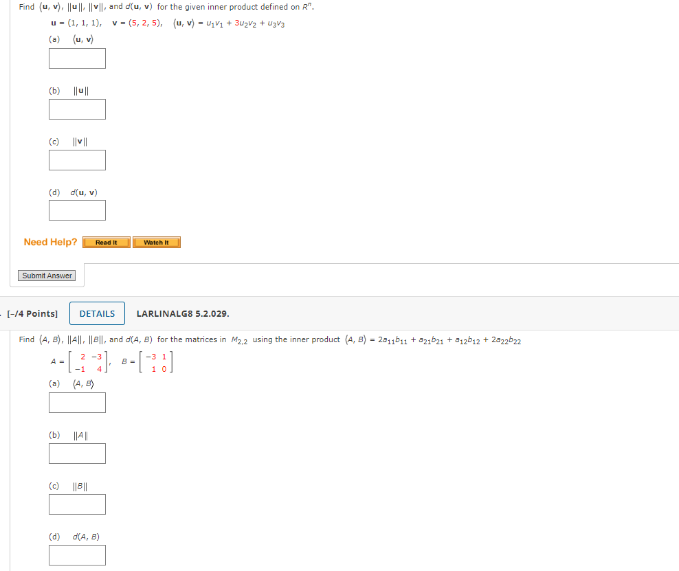 Solved Find (:u,v:),||u||,||v||, ﻿and d(u,v) ﻿for the given | Chegg.com
