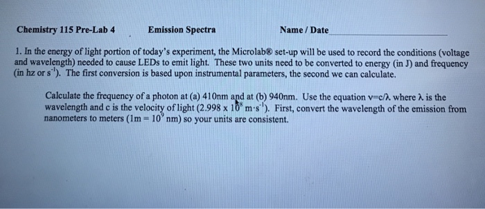 Solved In the energy of light portion of today's experiment, | Chegg.com