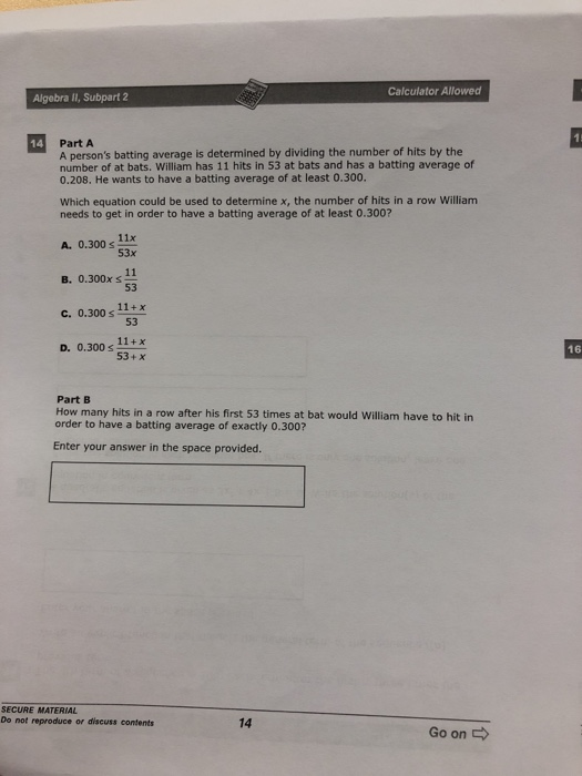Solved Calculator Allowed Algebra II, Subpart 2 14Part A A | Chegg.com