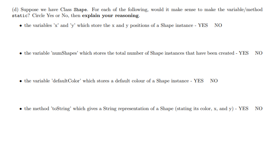 Solved (d) Suppose we have Class Shape. For each of the | Chegg.com