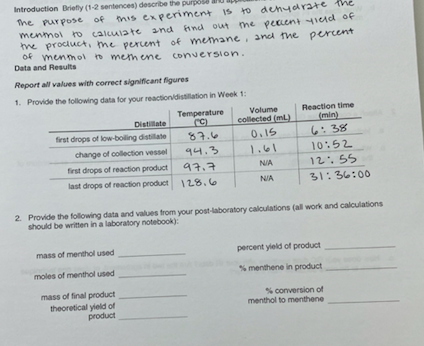 Solved Dehydration Menthol Lab Data: Menthol: density 0.890 | Chegg.com