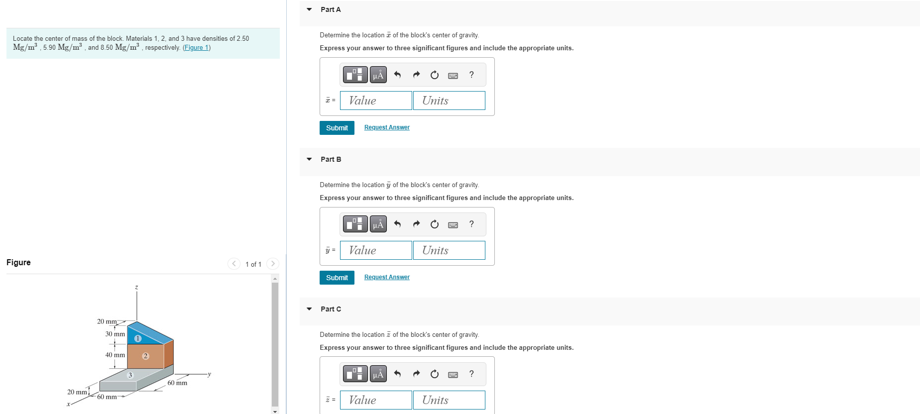 Solved Locate the center of mass of the block. Materials 1,2 | Chegg.com