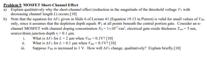 Problem 9. MOSFET Short-Channel Effect a) Explain | Chegg.com