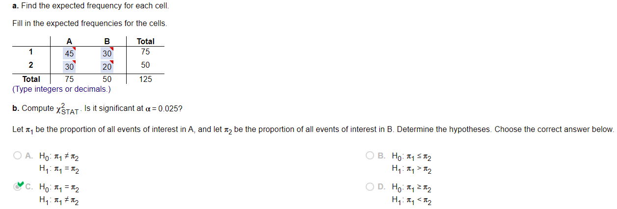 Solved a. Find the expected frequency for each cell. Fill in | Chegg.com