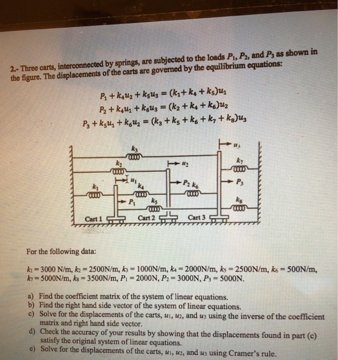 Solved 2.- Three carts, interconnected by springs, are | Chegg.com