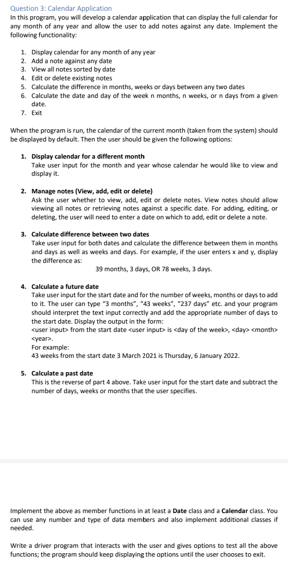 Solved Question 3: Calendar Application In this program, you | Chegg.com