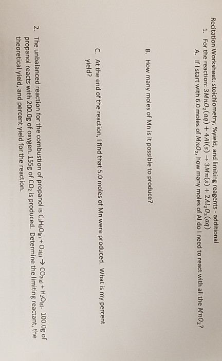 Solved Recitation worksheet: stoichiometry, %yield, and | Chegg.com