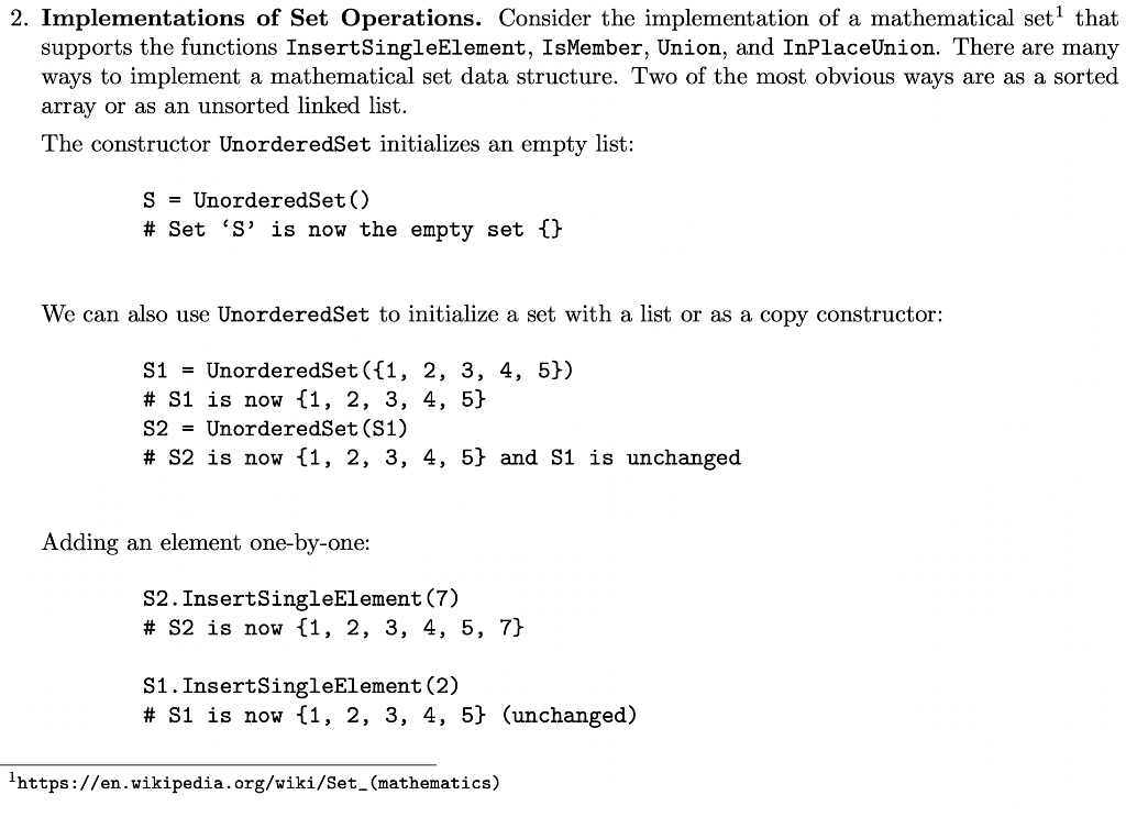 Solved 2. Implementations of Set Operations. Consider the | Chegg.com
