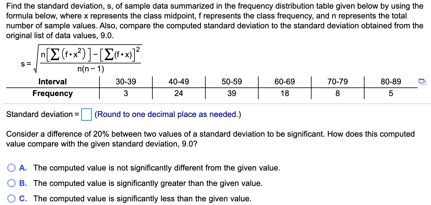 Solved Find the standard deviation, s, of sample data | Chegg.com