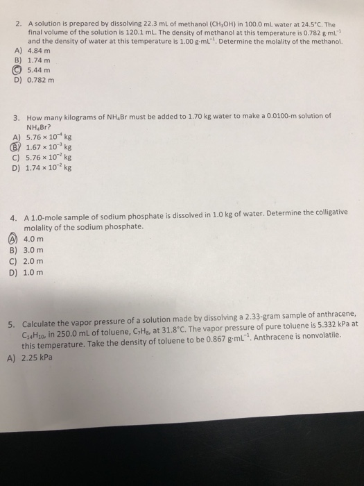 Solved 2. A solution is prepared by dissolving 22.3 mL of | Chegg.com