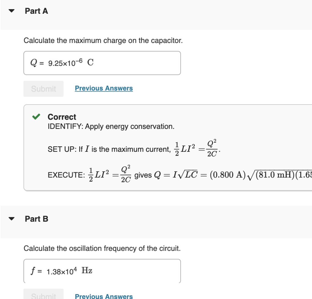 Solved An L C Circuit Containing An 81 0 Mh Inductor And A