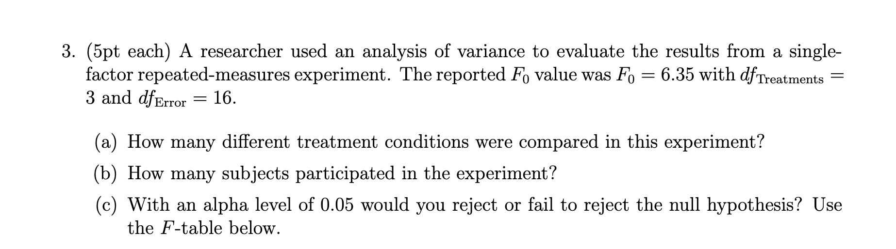 Solved (5pt each) ﻿A researcher used an analysis of variance | Chegg.com