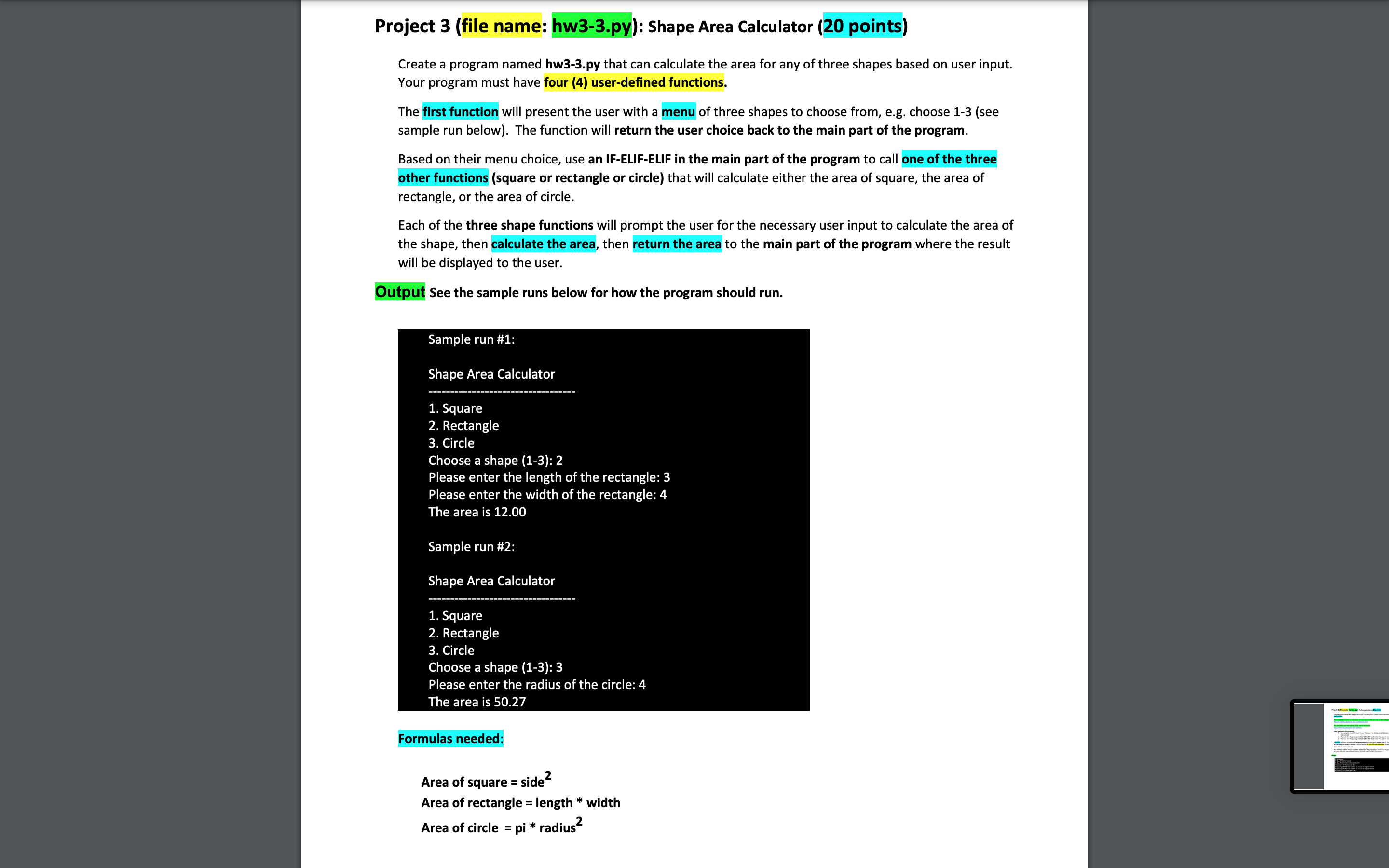 Solved Project 3 File Name Hw3 3 Py Shape Area