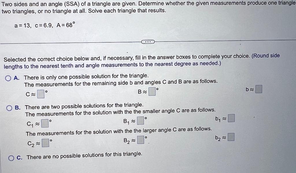 Solved Two sides and an angle (SSA) of a triangle are given. | Chegg.com