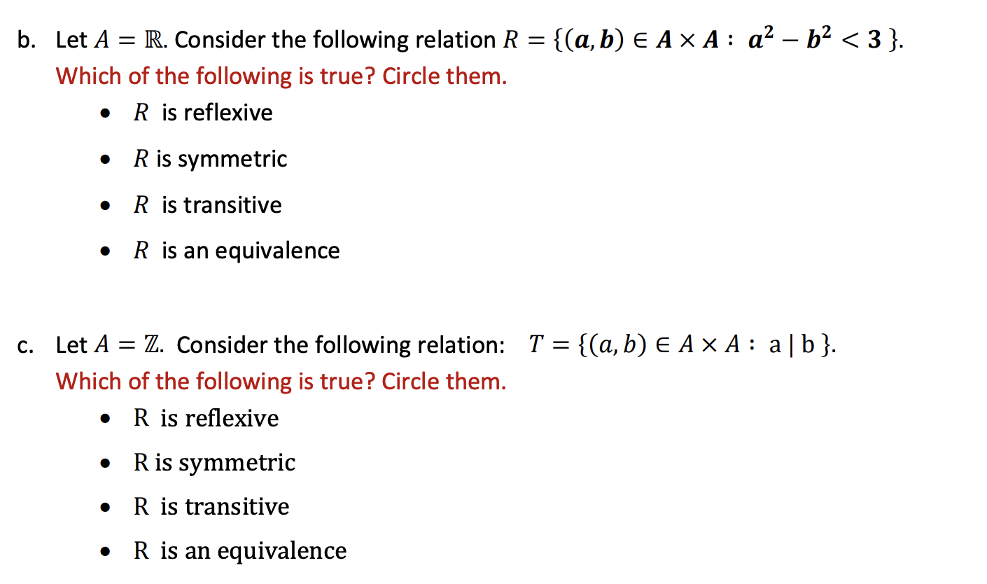 Solved b. Let A = R. Consider the following relation R = | Chegg.com