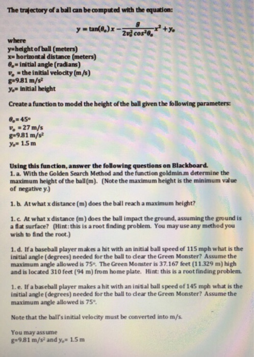 Solved The Trajectory Of A Ball Can Be Computed With The Chegg