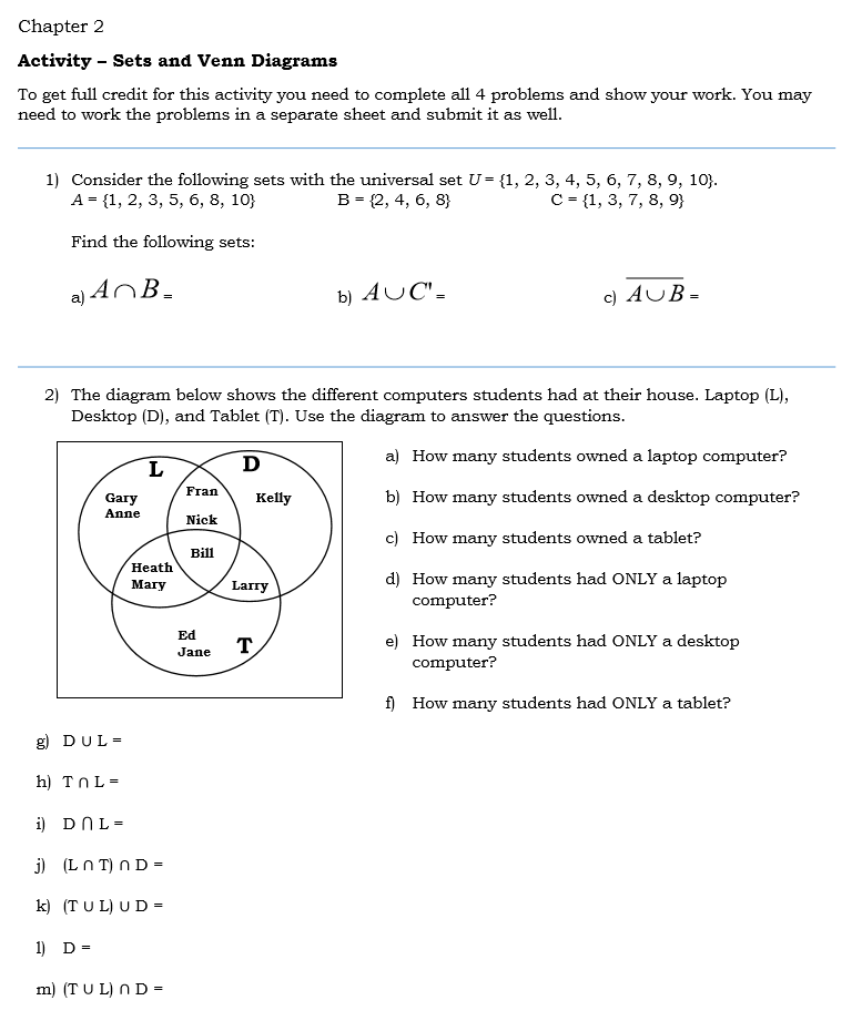 Solved Chapter 2 Activity - Sets and Venn Diagrams To get | Chegg.com