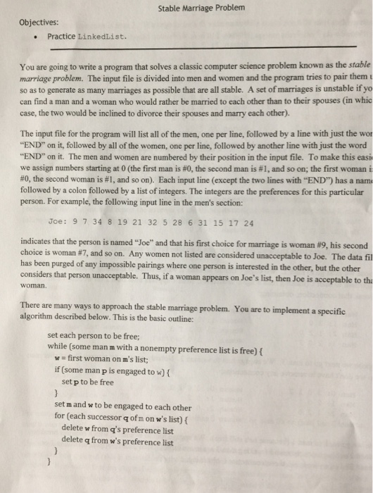 Solved Stable Marriage Problem Objectives: Practice | Chegg.com