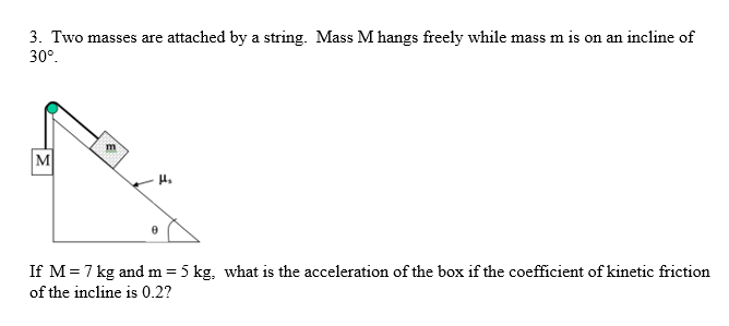 Solved 3. Two masses are attached by a string. Mass M hangs | Chegg.com