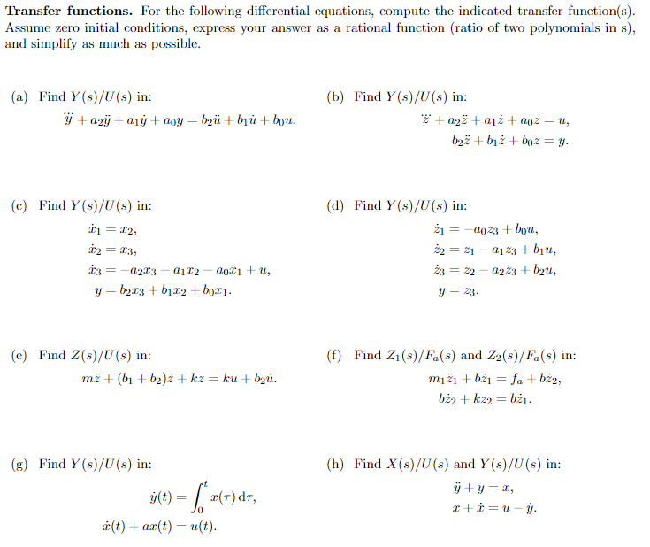 Solved Transfer functions. For the following differential | Chegg.com