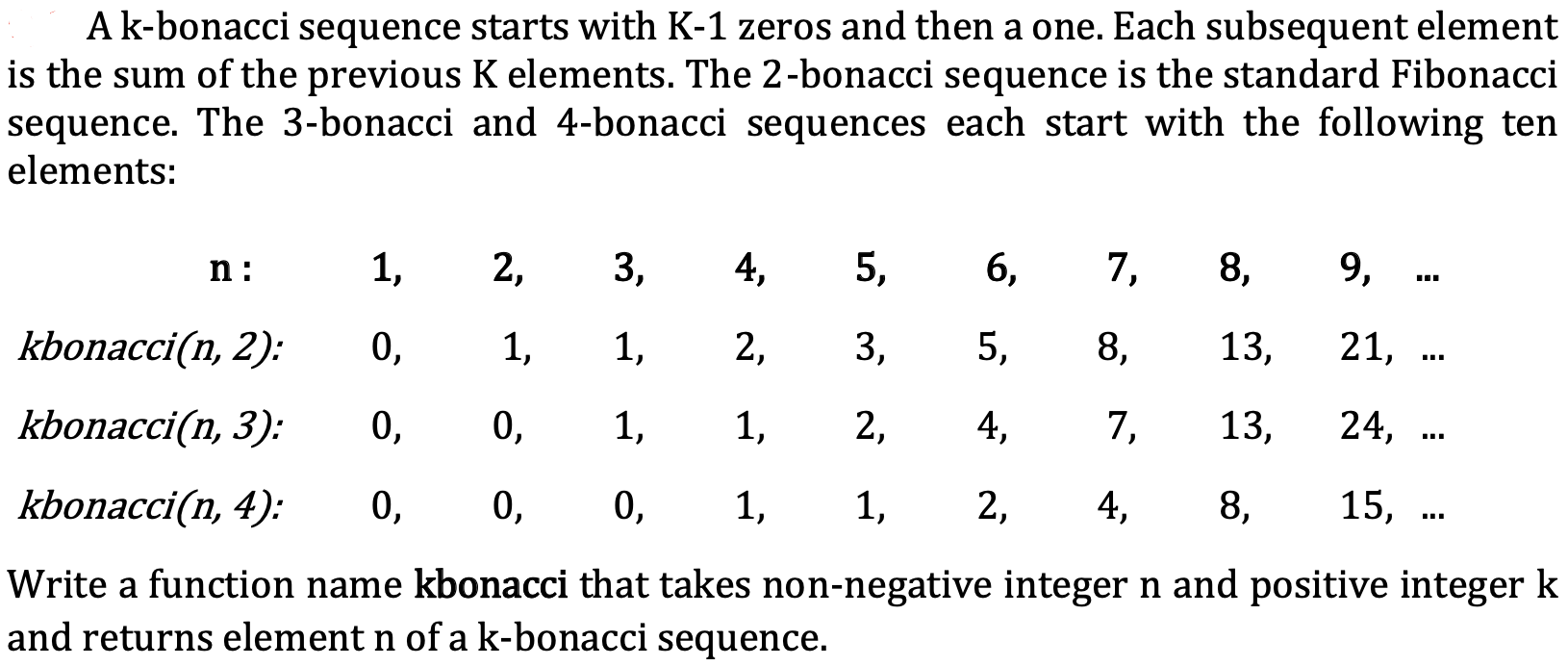 Solved A k-bonacci sequence starts with K-1 zeros and then a | Chegg.com Solved A k-bonacci sequence starts with K-1 zeros and then a | Chegg.com