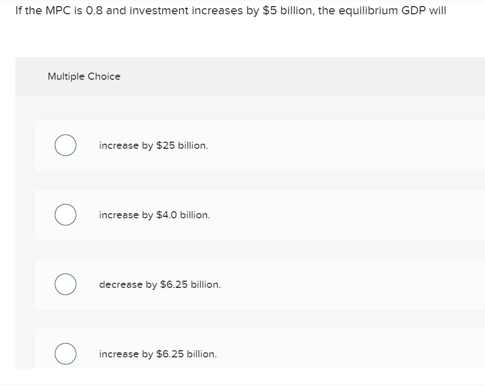 Solved If the MPC is 0.8 and investment increases by $5 | Chegg.com