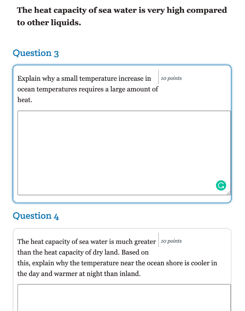 Solved The heat capacity of sea water is very high compared | Chegg.com