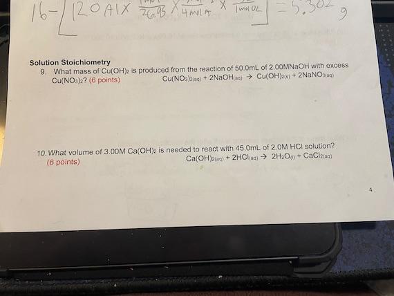 Solved Solution Stoichiometry 9. What mass of Cu(OH)2 is | Chegg.com