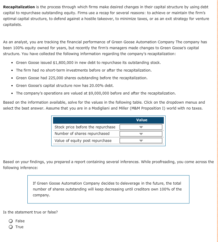 Solved Recapitalization is the process through which firms | Chegg.com