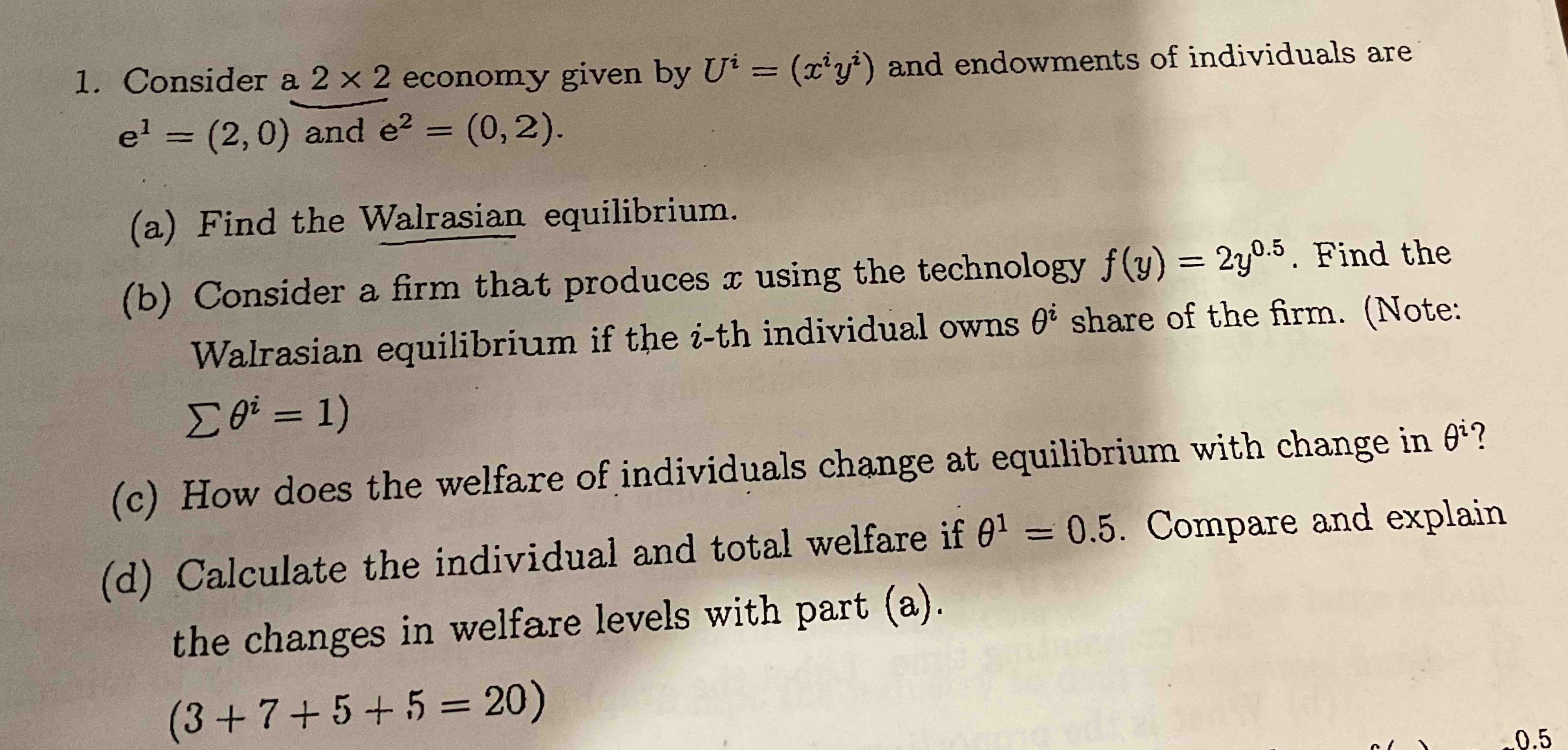 Solved Consider a 2×2 ﻿economy given by Ui=(xiyi) ﻿and | Chegg.com