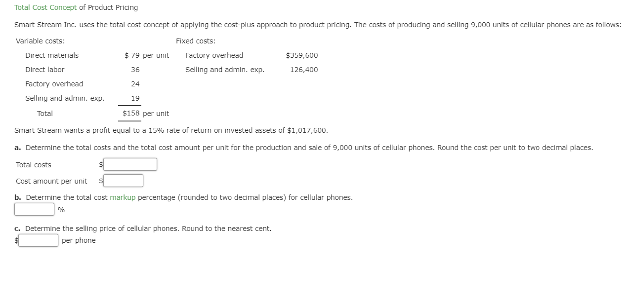 Solved Total Cost Concept of Product Pricing Smart Stream | Chegg.com Solved Total Cost Concept of Product Pricing Smart Stream | Chegg.com