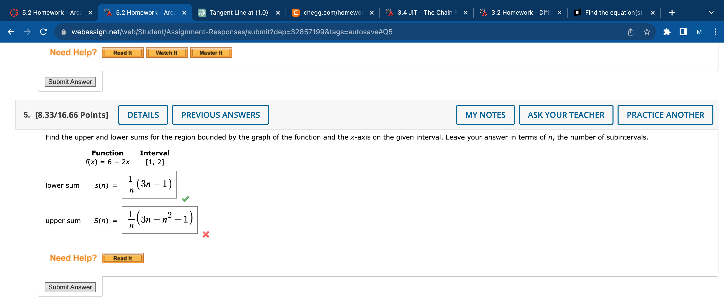 Solved Points]Function Intervalf(x)=6-2x,[1,2]lower sum | Chegg.com