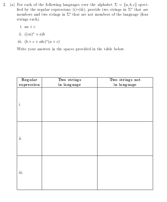 Solved 2. (a) For each of the following languages over the | Chegg.com