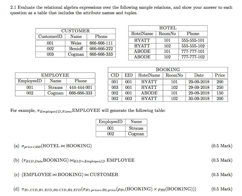 Solved 2.1 Evaluate the relational algebra expressions over | Chegg.com
